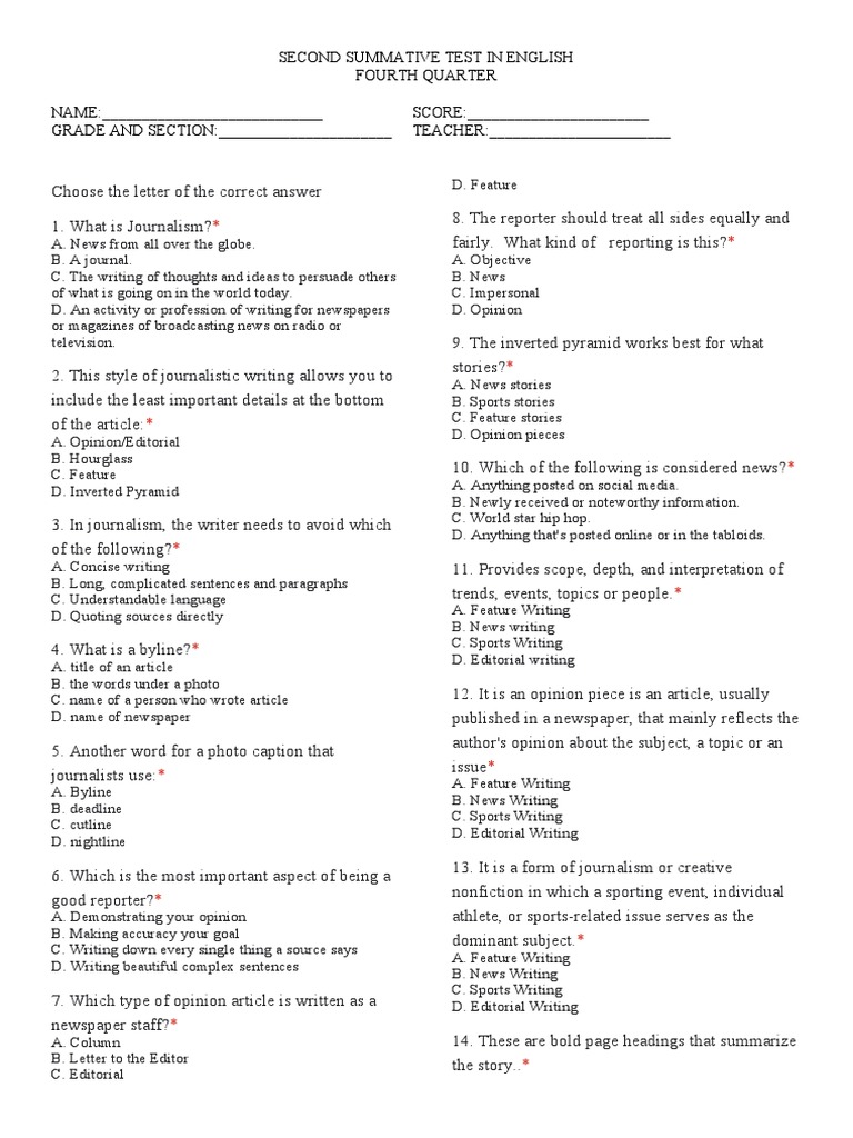 Second Summative Test in English Fourth Quarter | PDF | News | Newspapers