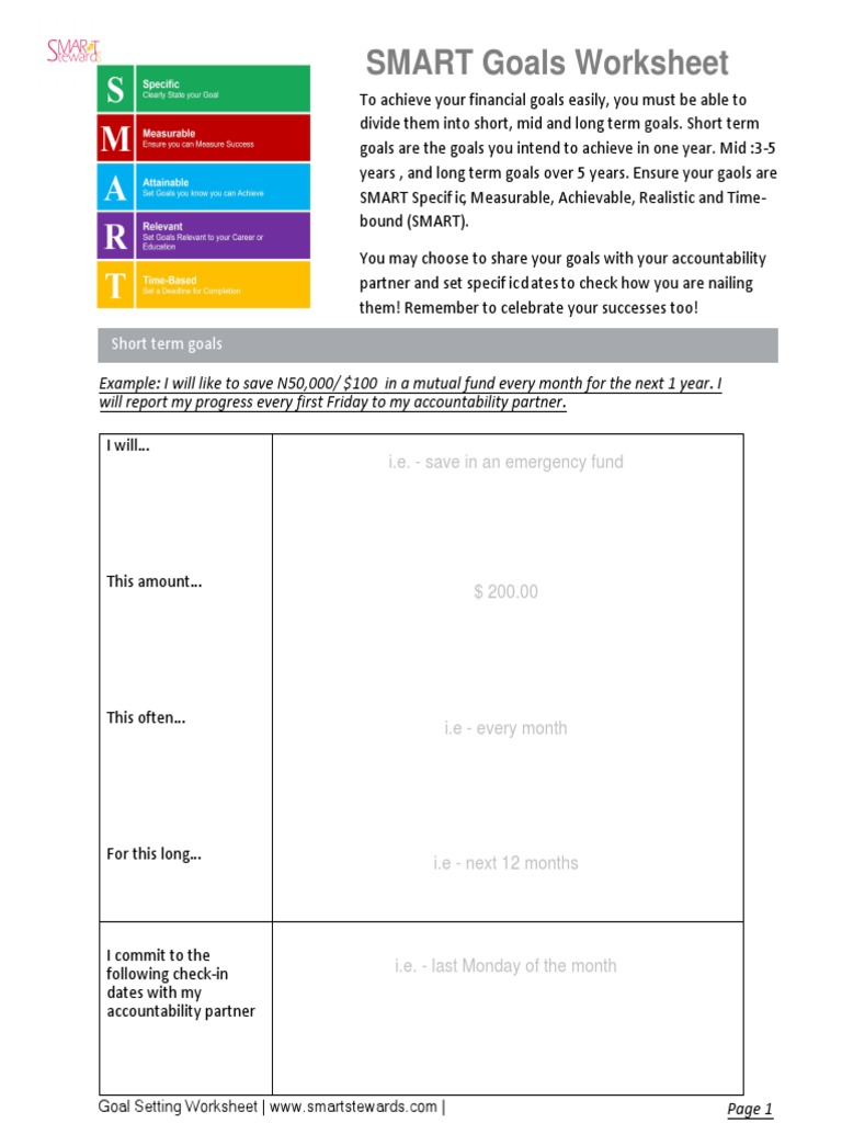 Worksheet 2 - Smart Stewards Goals WorkSheet | PDF | Goal | Financial ...