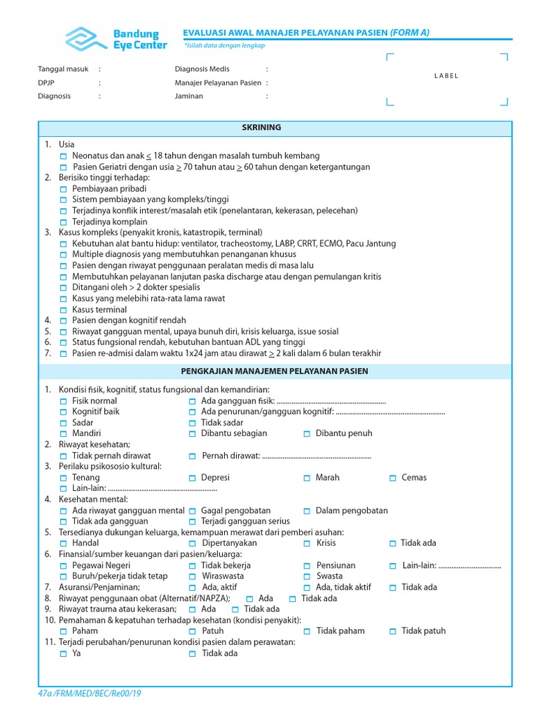 Eavluasi Awal Manajer Pelayanan Pasien Form A N B | PDF