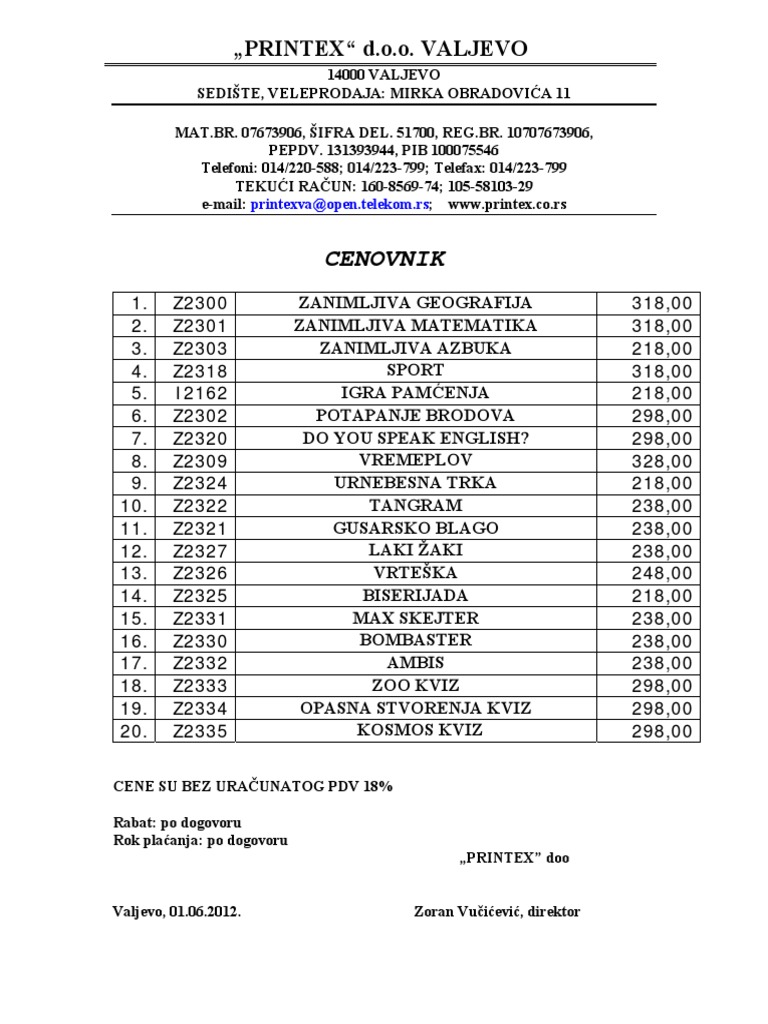 Printex Cenovnik | PDF