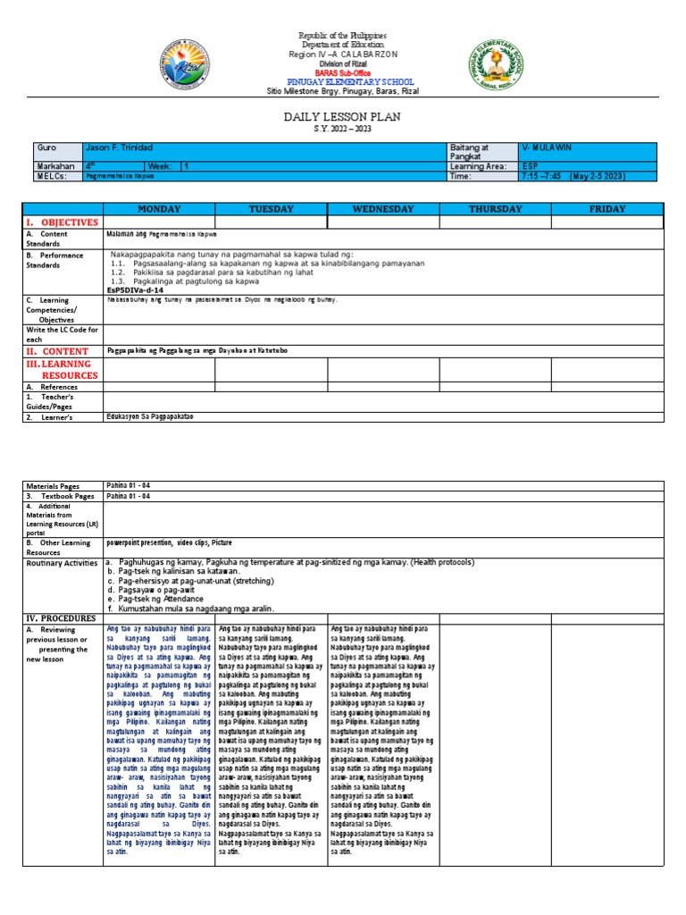 Grade 5 - ESP - Week 1 | PDF