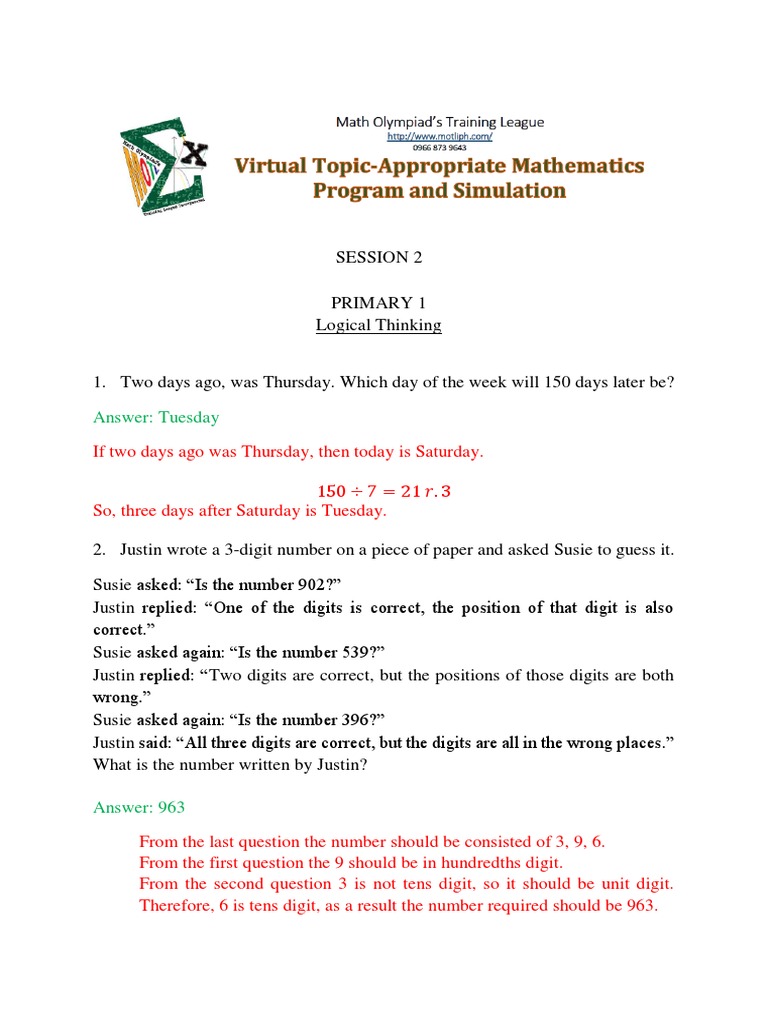 VTAMPS Session 2 - Primary 1 | PDF | Mathematical Concepts | Mathematical Objects