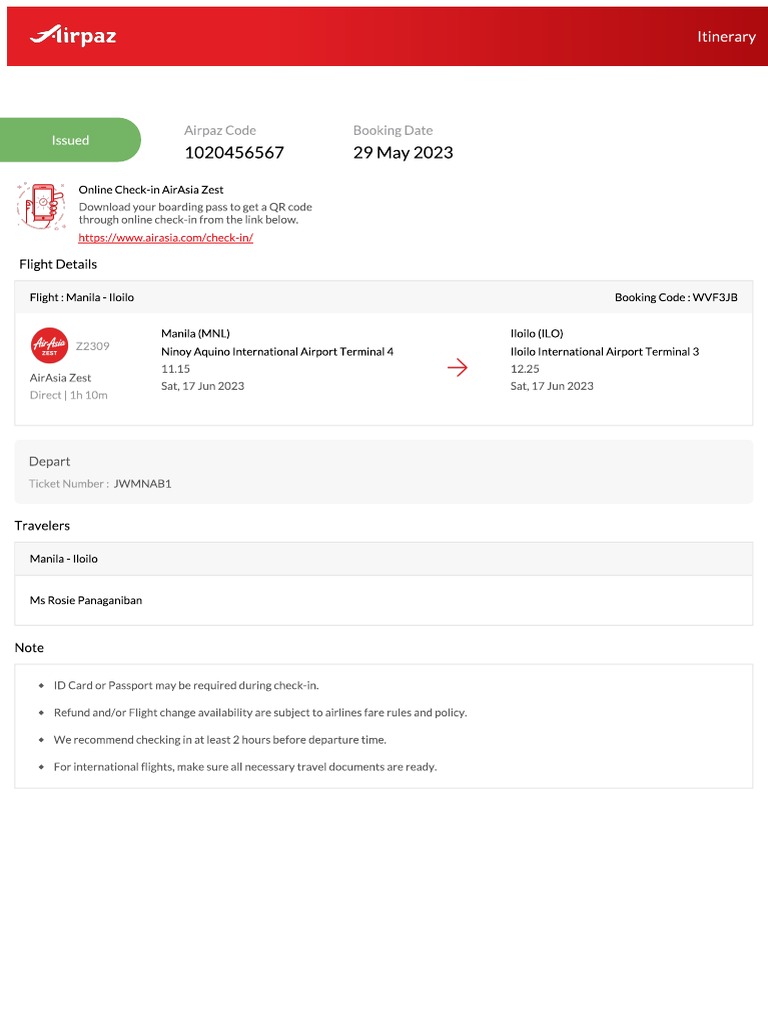 Airpaz Flight Itinerary 1020456567 | PDF