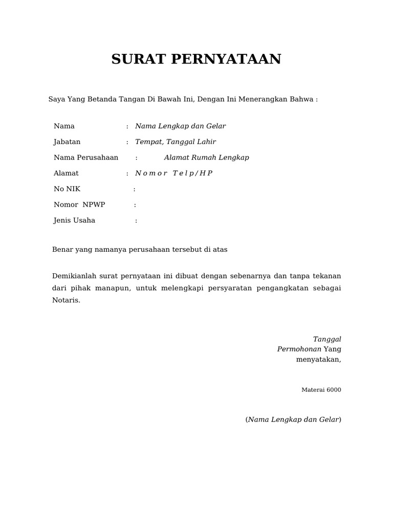 Format Surat Pernyataan Bermaterai | PDF