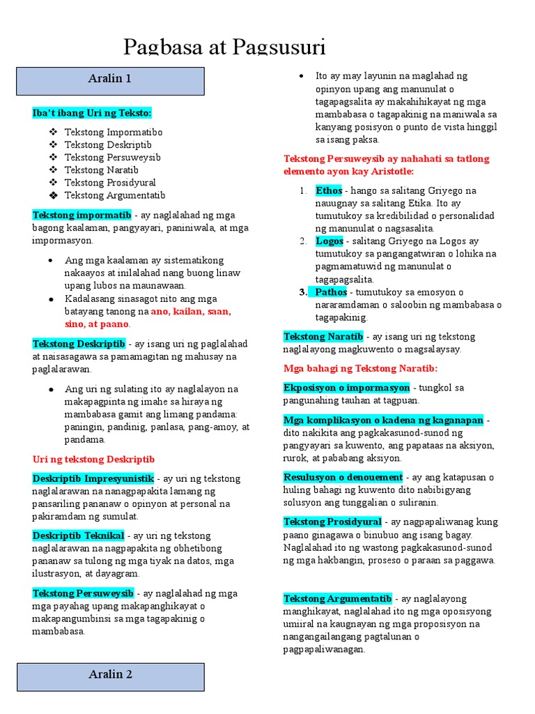 Pagbasa at Pagsusuri (Reviewer) | PDF