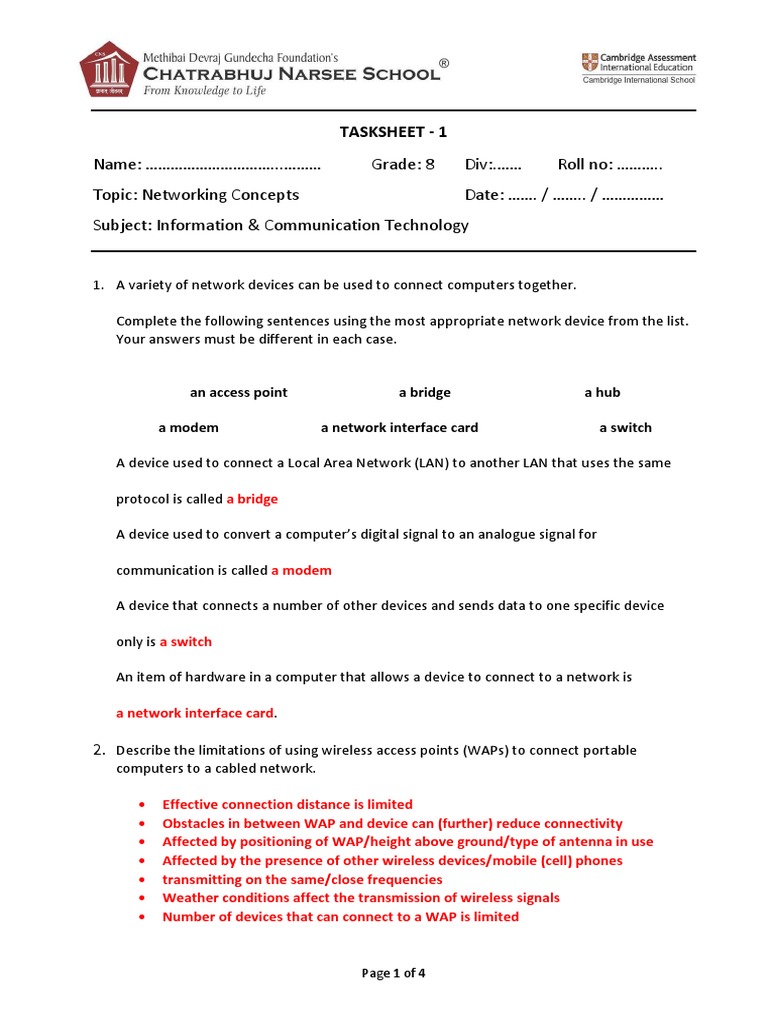 Gr8 ICT Term1 Tasksheet1 Answer Key | PDF | Computer Network | Router (Computing)