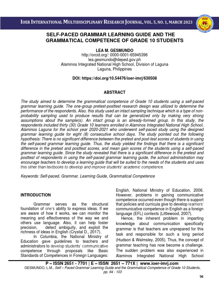 Self-Paced Grammar Guide for Grade 10 | PDF | Learning | Curriculum