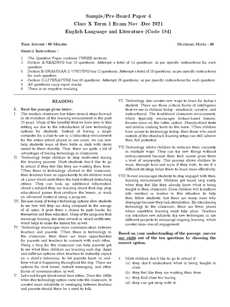 English Sample Paper 4 | PDF | Classroom | Teachers