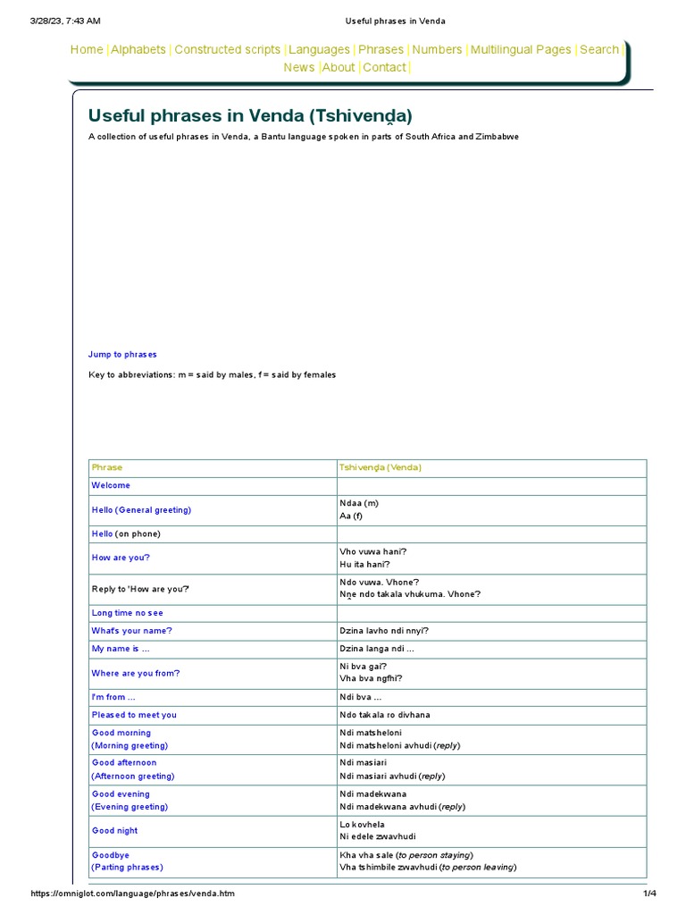 Useful Phrases in Venda | PDF | Languages | Foreign Language Studies