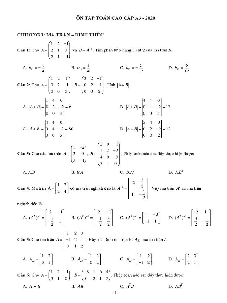 Cauhoi Ontap Toan A3 2020 | PDF