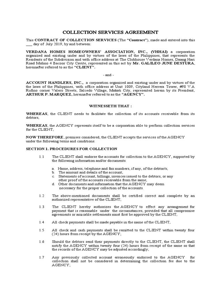 Collection Services Agreement Template | PDF | Payments | Arbitration