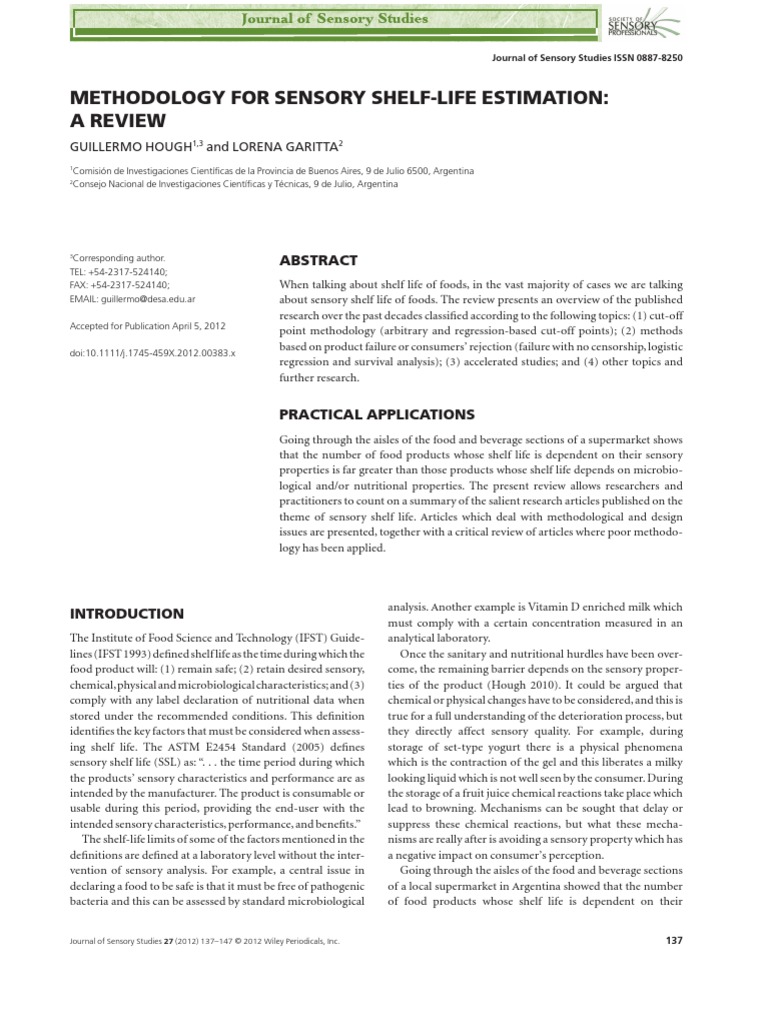 METHODOLOGY FOR SENSORy Shelf Life | PDF | Regression Analysis | Statistics