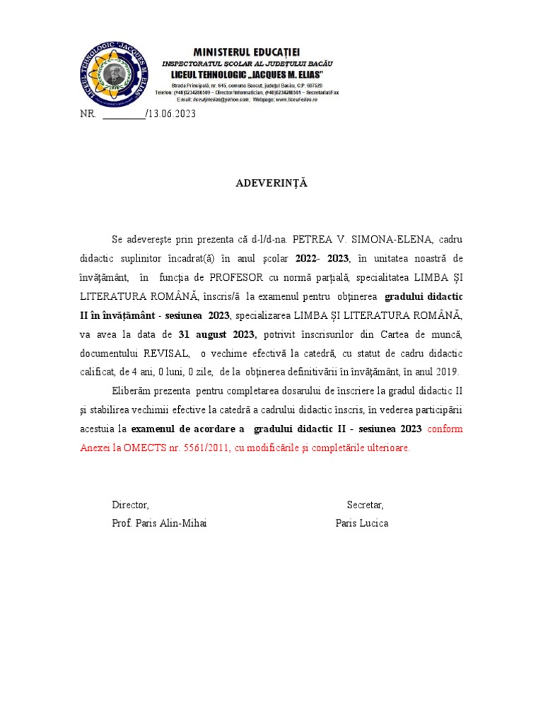 Gradul II - Model Adeverinta Vechime 2023 | PDF