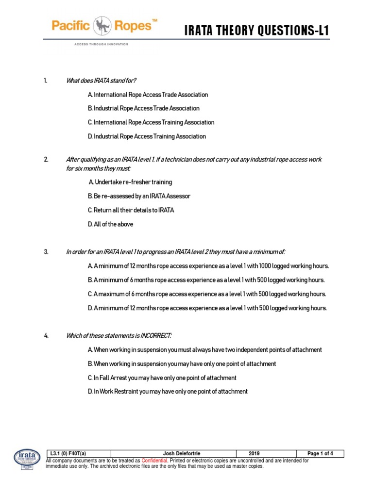 L3.1 (0) F40T (A) IRATA Questions L1 | PDF | Rope | Manufactured Goods