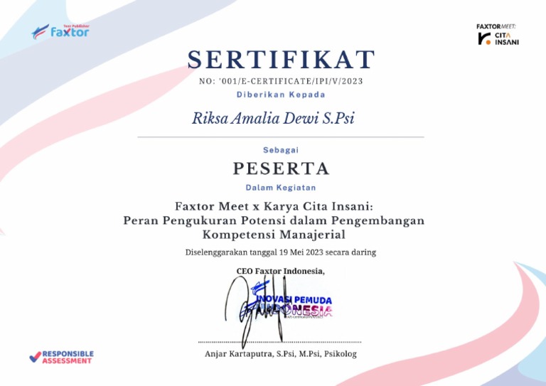 E-Certificate - Riksa Amalia Dewi S.Psi | PDF