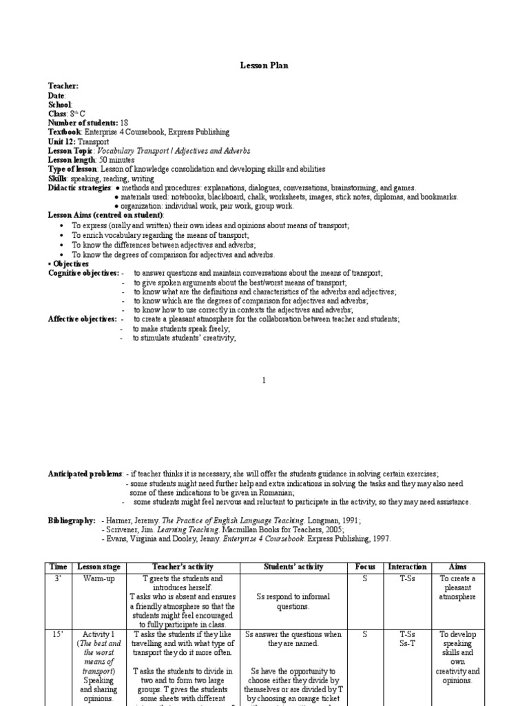 Lesson Plan Transport Adjectives and Adverbs | PDF