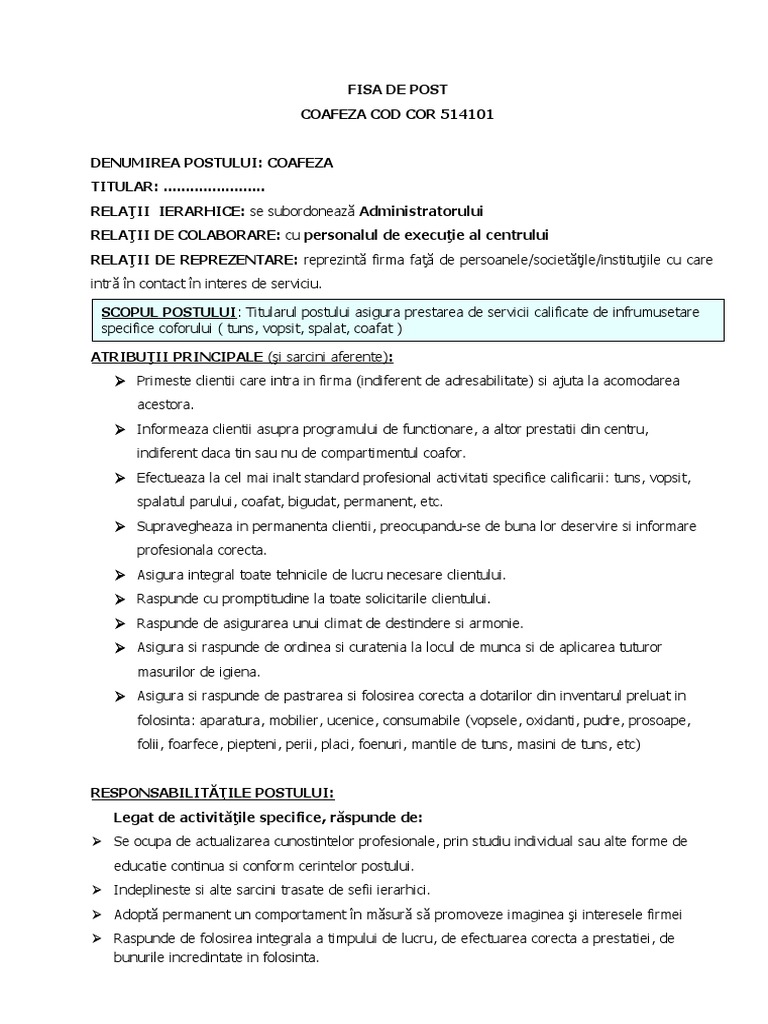 Fisa Post Coafeza | PDF