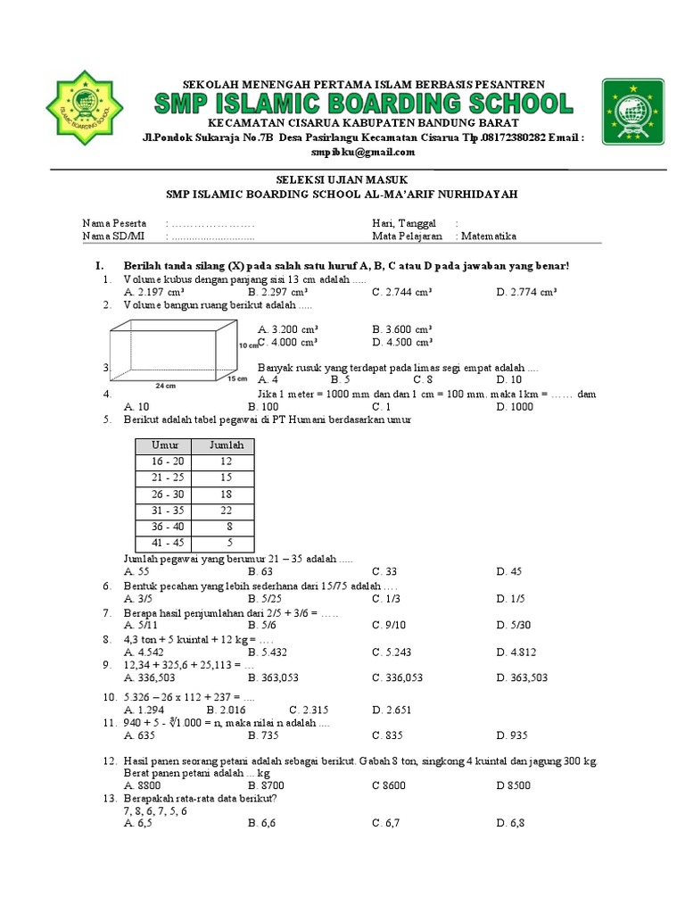 SOAL UJIAN MASUK SMP IBS - MATEMATIKA | PDF