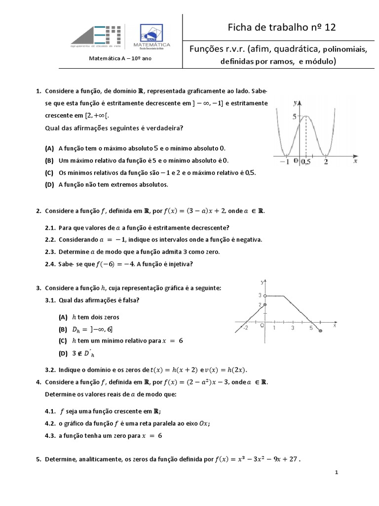 FT 12_Funções, afim,quadrática, polinomiais, ramos e módulo (1) | PDF