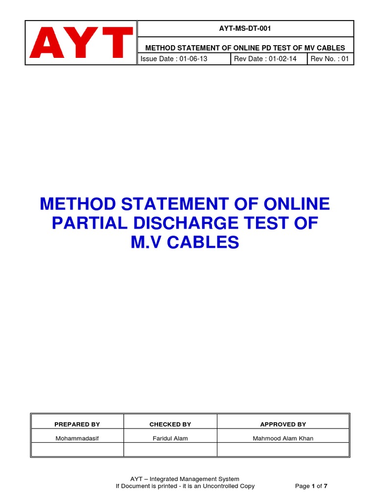 AYT-MS-DT-001 Procedure of Online MV Cable PD | PDF | Calibration ...