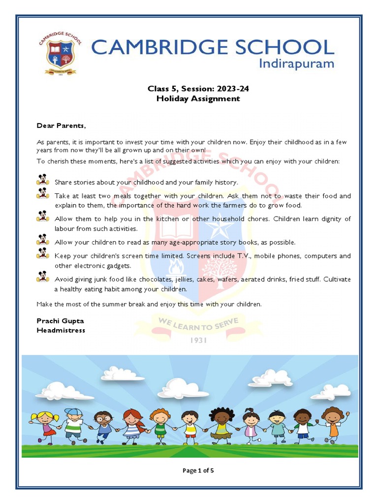 Class 5 HHW 2023 24 | PDF