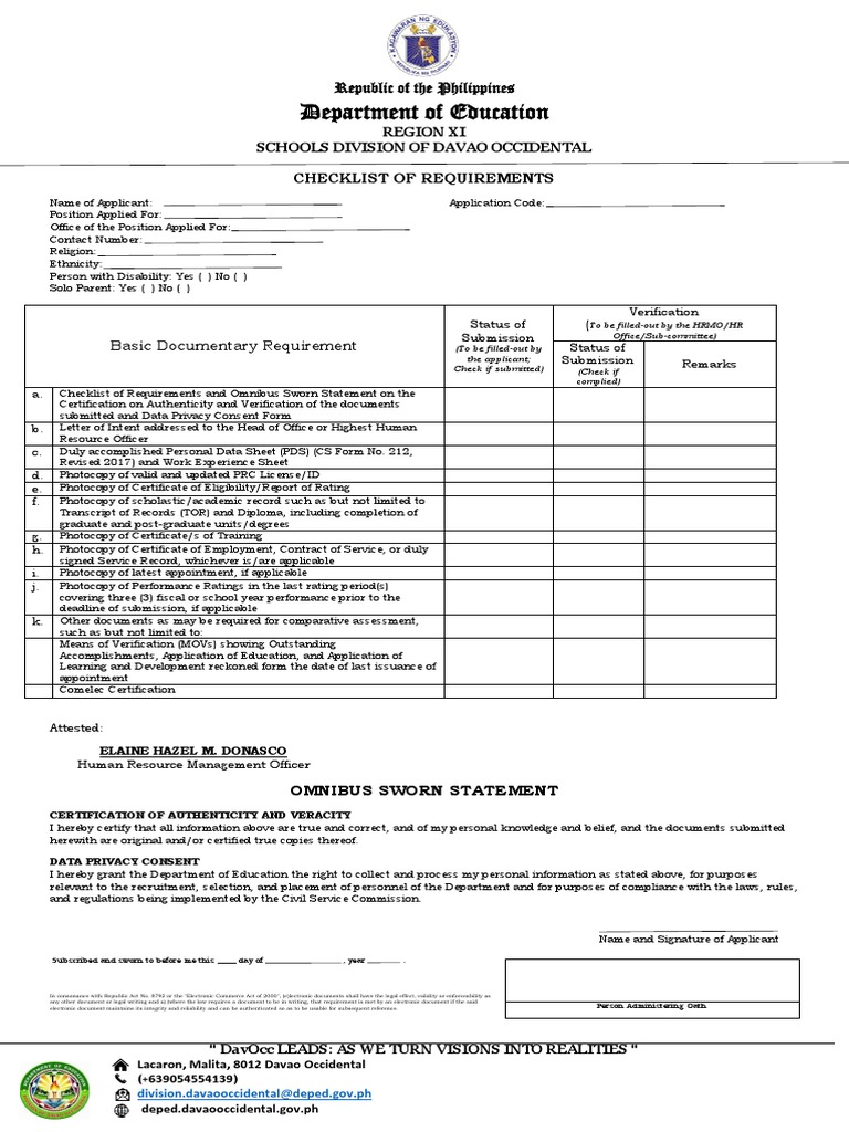 DepEd Davao Occidental Application Checklist | PDF