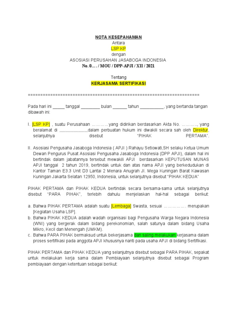 Nota Kesepahaman (MoU) LSP KP - Draft 1 | PDF