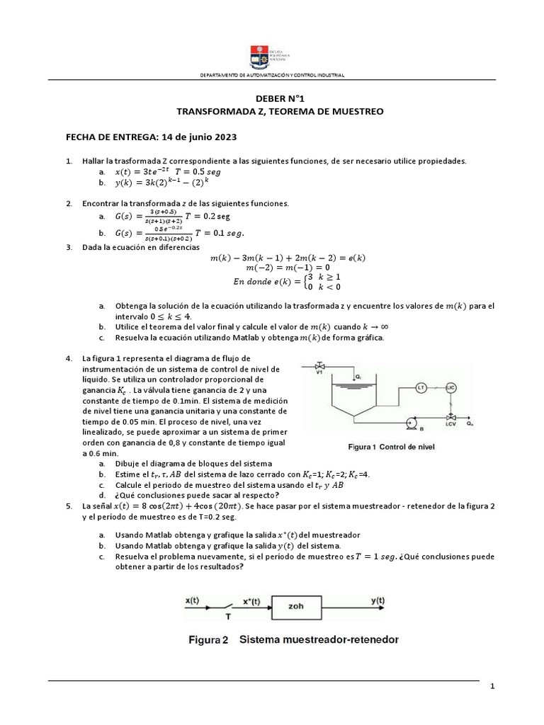 Deber N°1 Transformada Z, Teorema de Muestreo FECHA DE ENTREGA: 14 de Junio 2023 | PDF ...