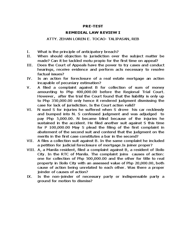 Civil Pro (Pre-Test) | PDF | Lawsuit | Judgment (Law)