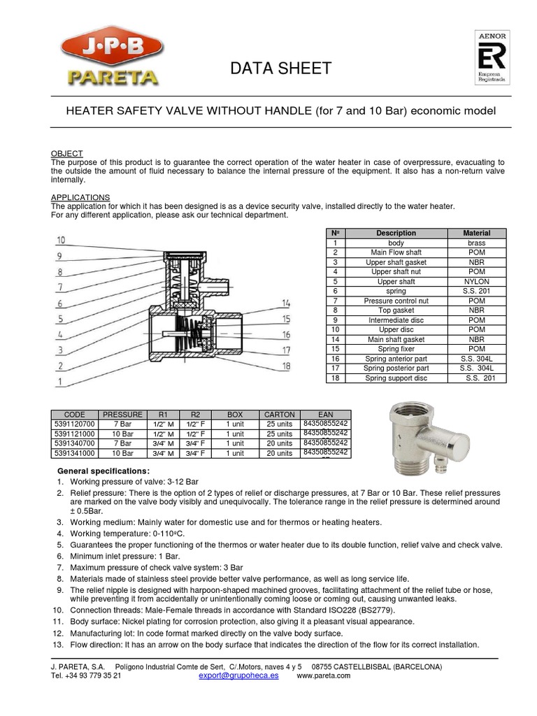 Technical Data Sheet Heater Safety Valve Without Handle Economic Model 5391120700 | PDF