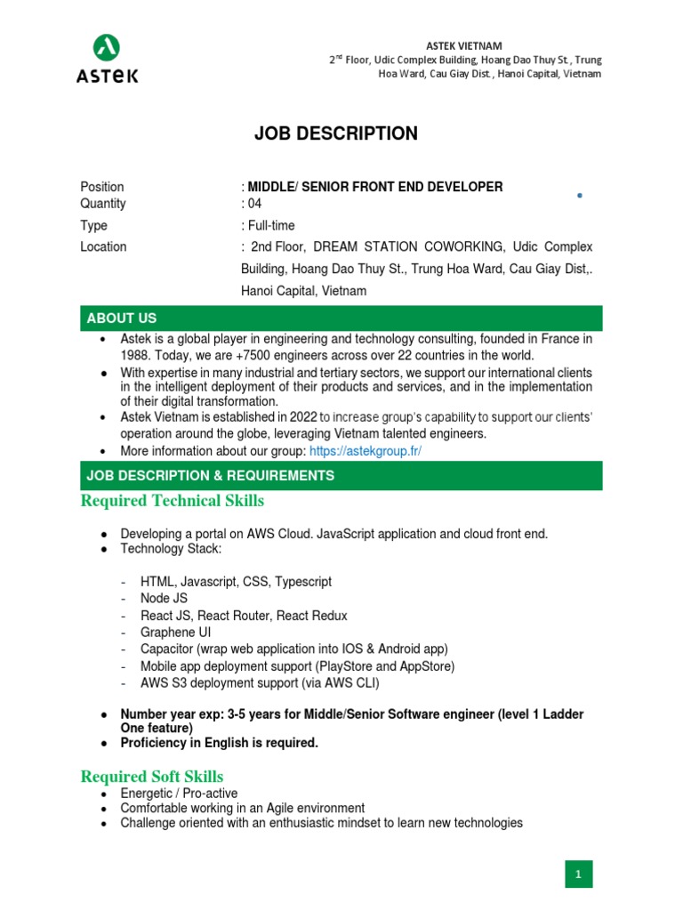 [Astek JD] . SENIOR FRONTEND DEVELOPER - HANOI | PDF