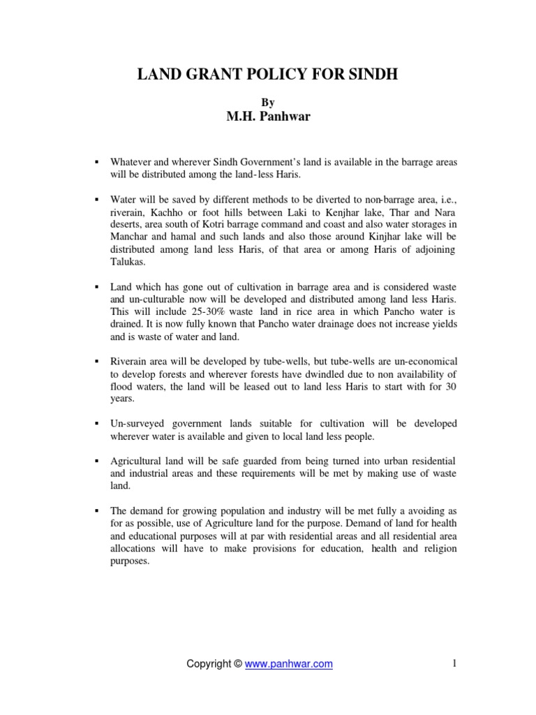 Land Grant Policy For Sindh | PDF