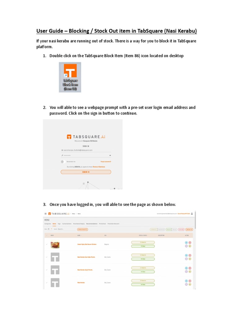 TabSquare Stock Out Guide | PDF | Cooking, Food & Wine