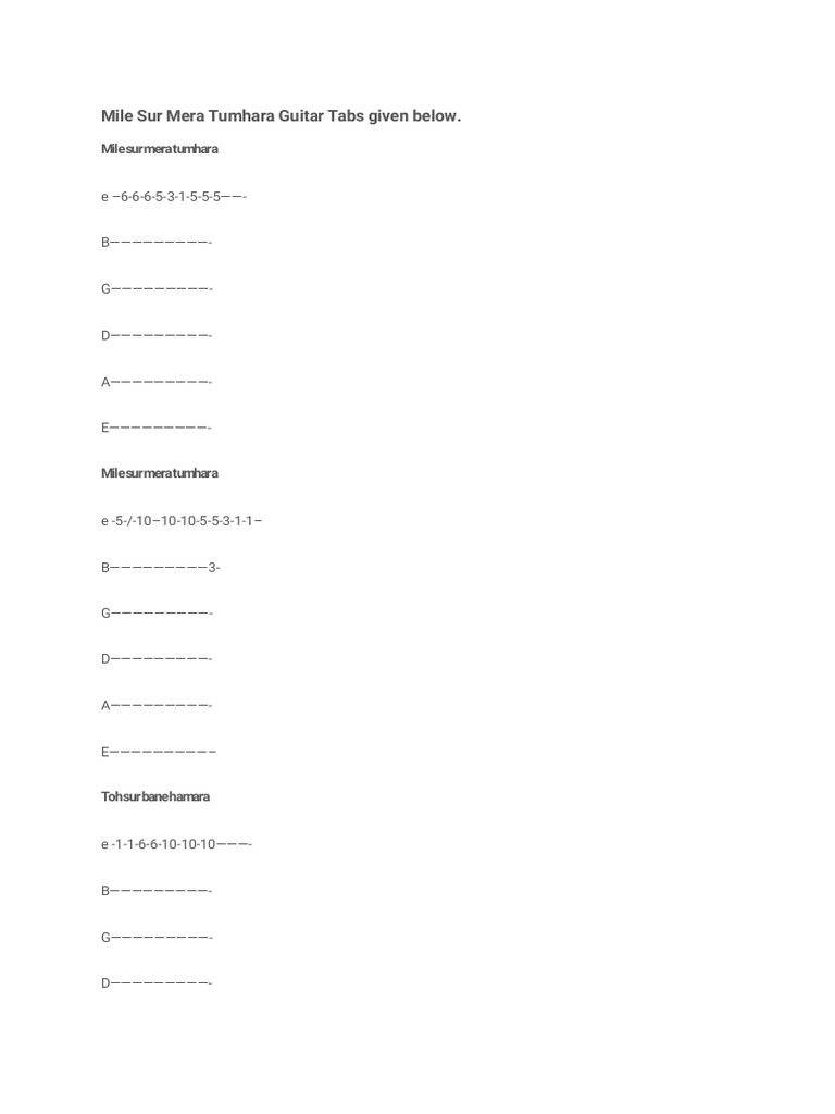 Mile Sur Mera Tumhara Guitar Tabs | PDF