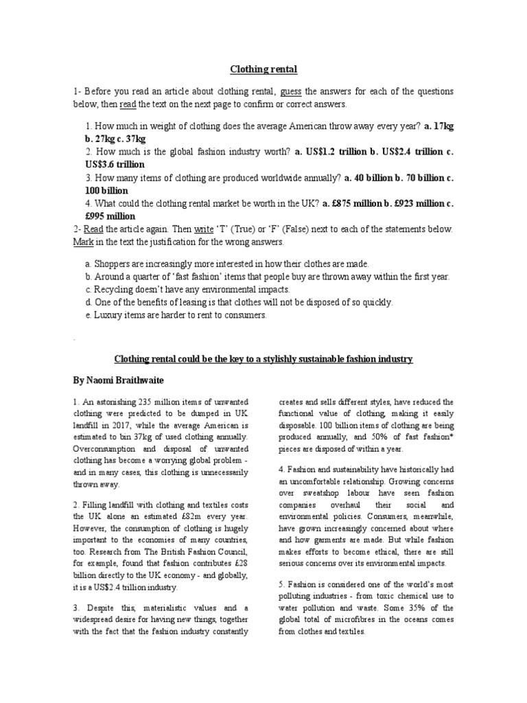 Fashion Worksheet (Clothing Rental) | PDF | Fashion | Clothing