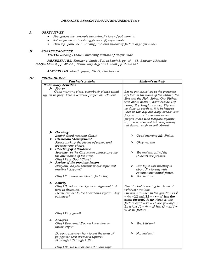 Detailed Lesson Plan in Mathematics 8 | Download Free PDF | Area | Factorization