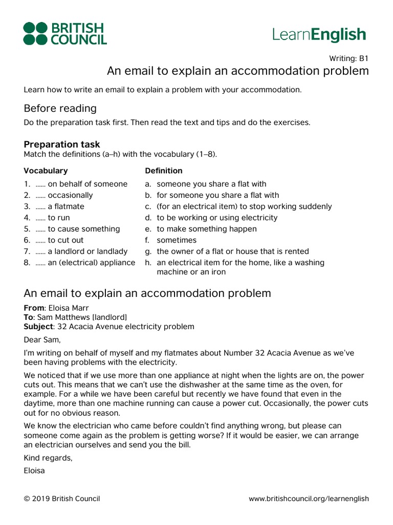 LearnEnglish-Writing-B1-An-email-to-explain-an-accomodation-problem | PDF