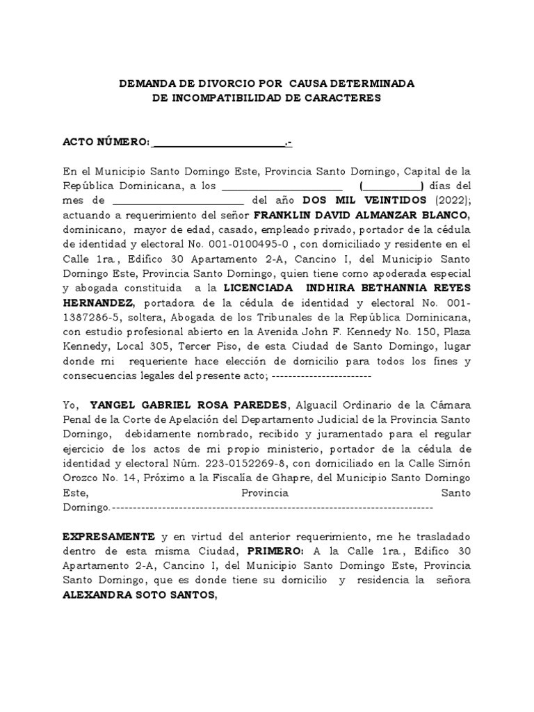 Acto Demanda de Divorcio Incompatibilidad de Caracteres Con Domicilio ... Acto Demanda de Divorcio Incompatibilidad de Caracteres Con Domicilio ...