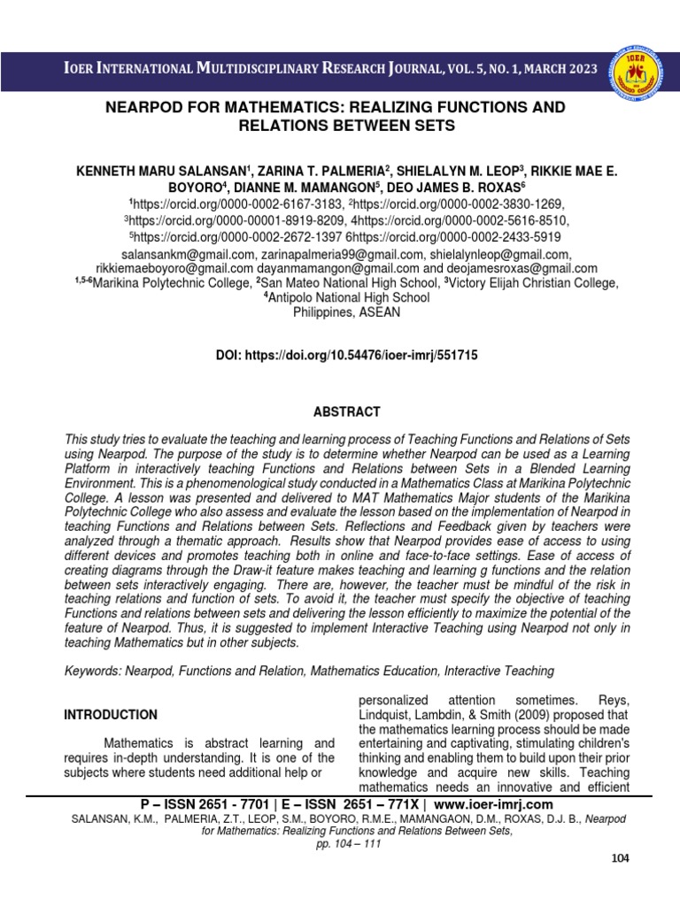 Nearpod For Mathematics Realizing Functions and Relations Between Sets | PDF | Teachers ...