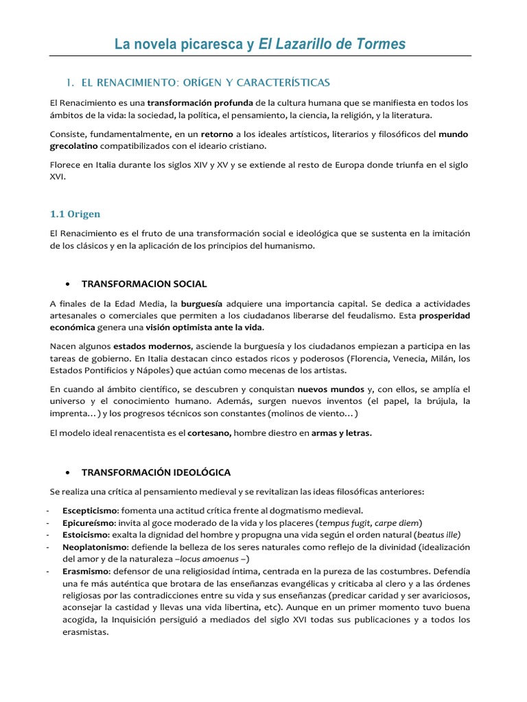 La Novela Picaresca y El Lazarillo de Tormes | PDF | Renacimiento | Novelas