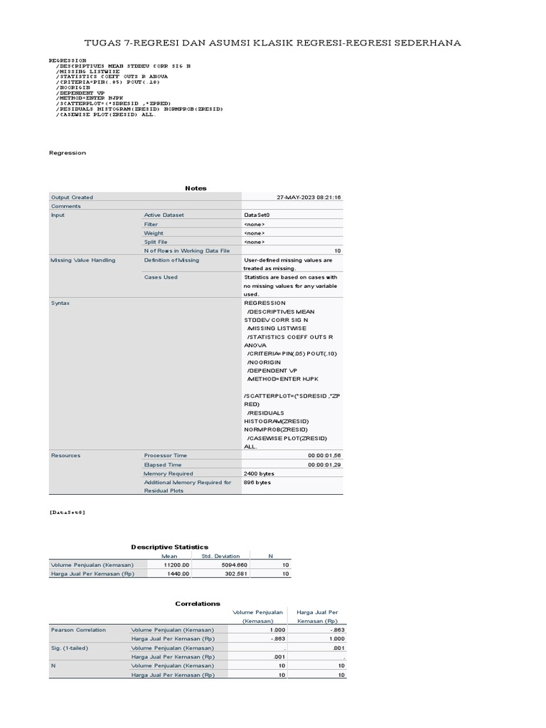 Tugas 07 - Regresi Dan Asumsi Klasik Regresi-Regresi Sederhana | PDF | Errors And Residuals ...