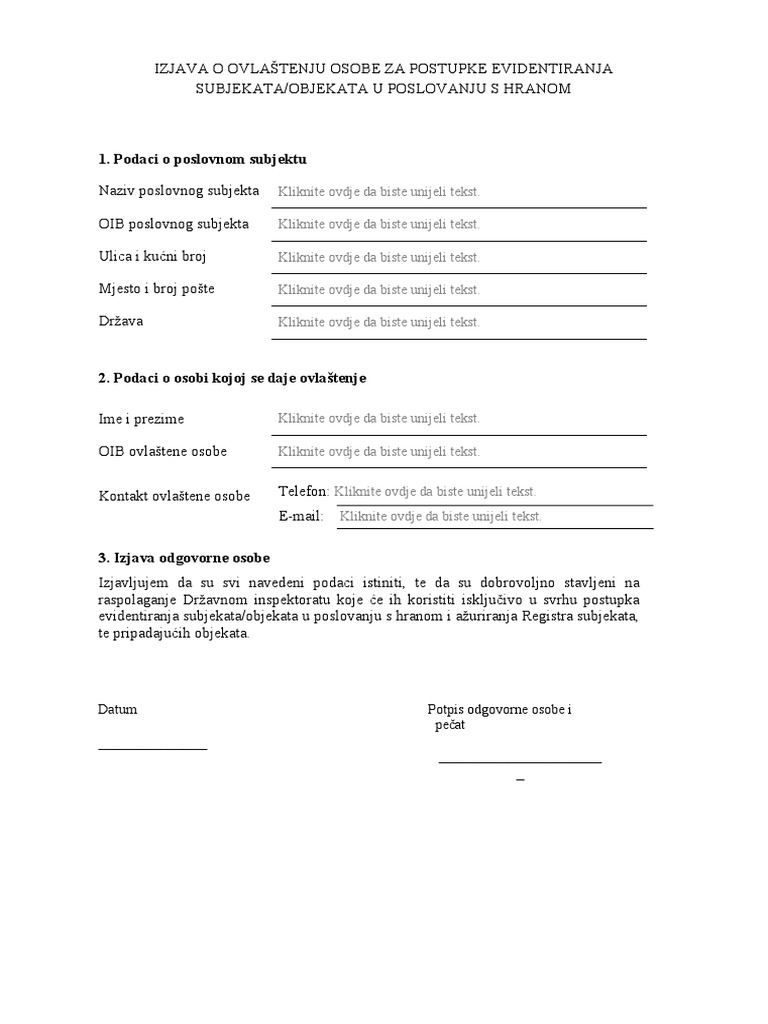 Izjava o Ovlaštenju Osobe Za Postupke Evidentiranja | PDF