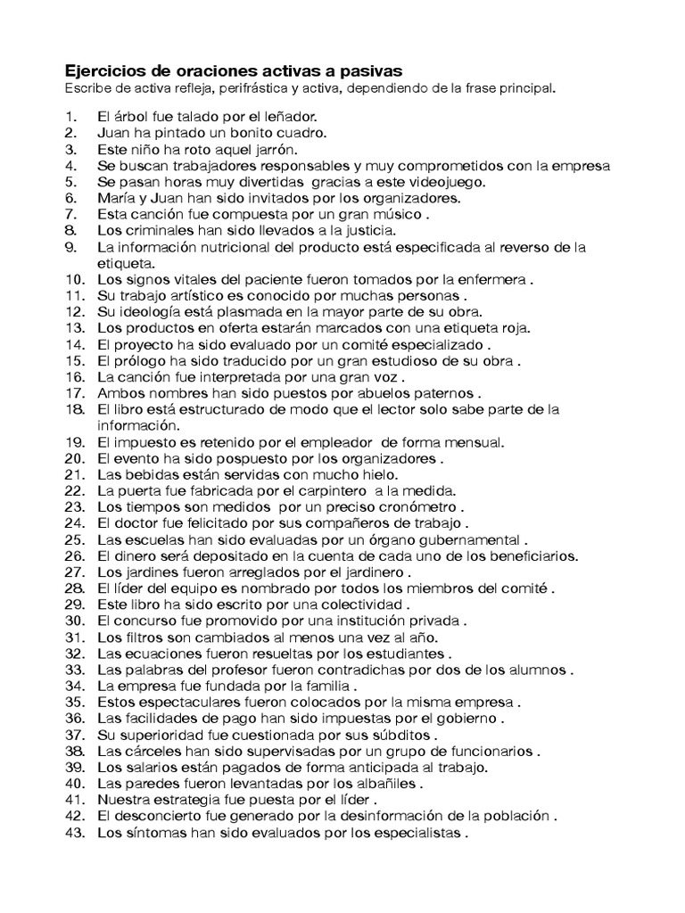 Ejercicios de Oraciones Activas A Pasivas | PDF