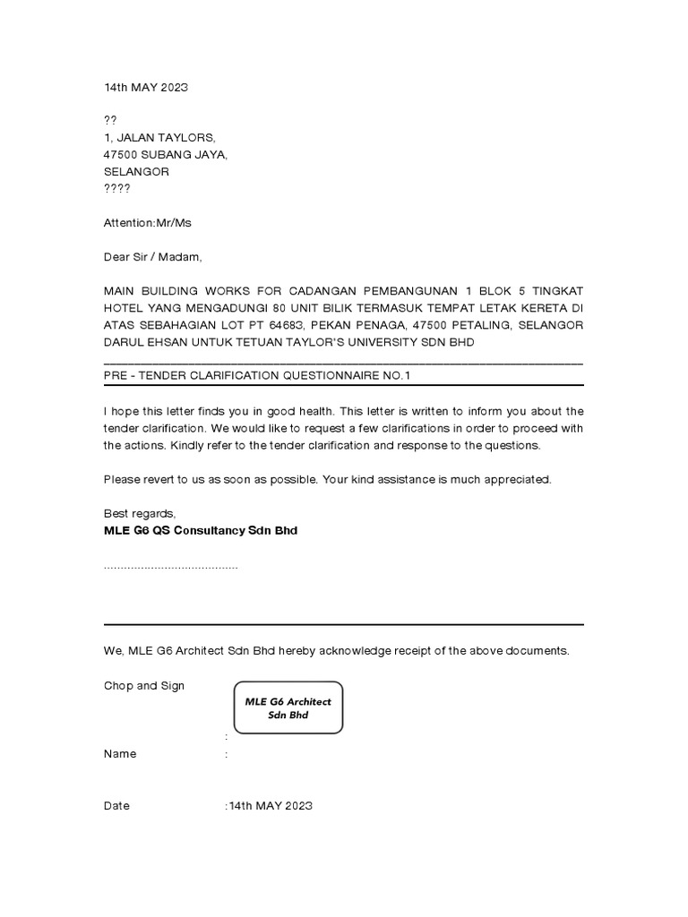 Pre-Tender Clarification Questionnaire No.1 | PDF | Career & Growth