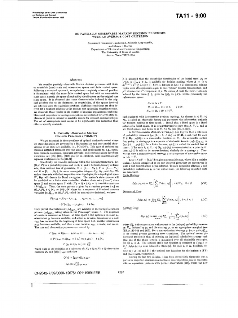 Partially Observable Markov Decision Processes With Average Cost Criterion | PDF