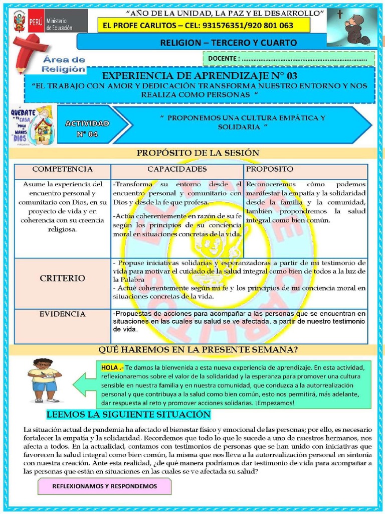 EXPERIENCIA DE APRENDIZAJE 03 - ACTIVIDAD 4 - 3ero y 4to - RELIGION - 2023 - 00001 | PDF