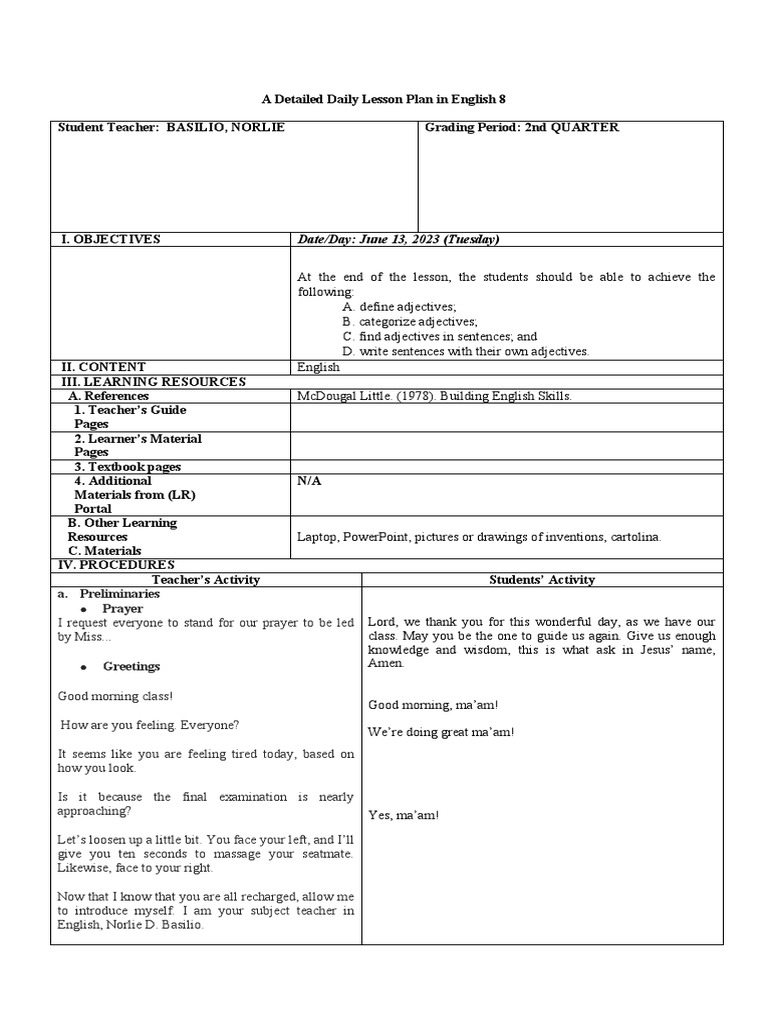 English 8 Lesson Plan on Adjectives | PDF | Adjective | Pronoun