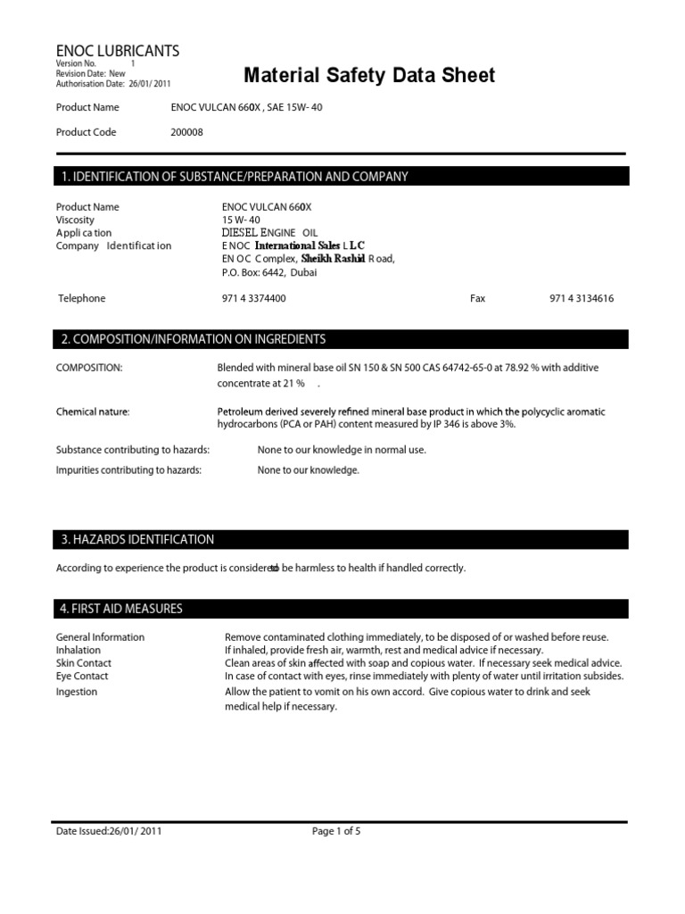 ENOC VULCAN 6600X Diesel MSDS | PDF