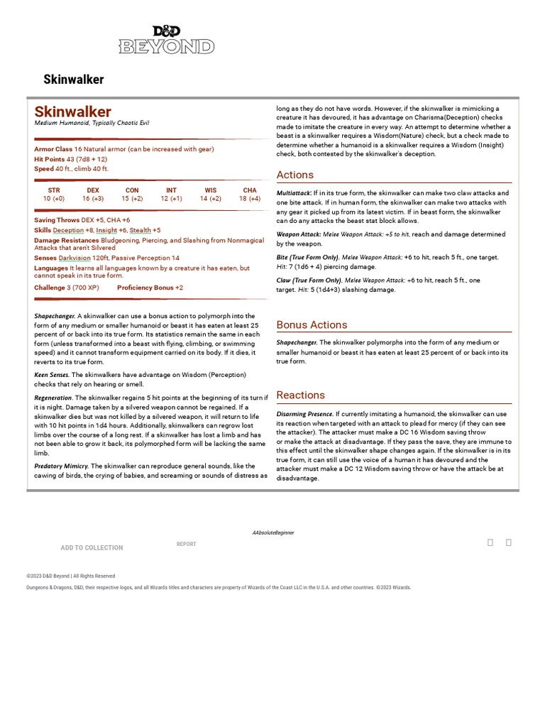 Skinwalker - Monsters - Homebrew - D&D Beyond | PDF | Role Playing Games