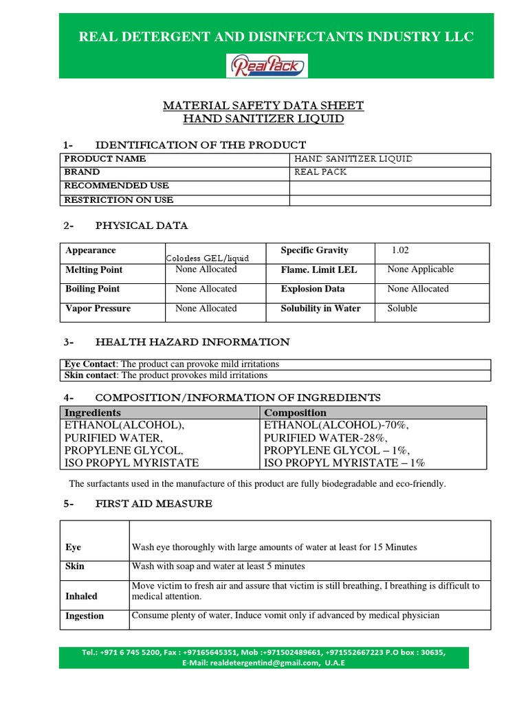 MSDS- HAND SANITIZER - Liquid | PDF | Water | Ethanol